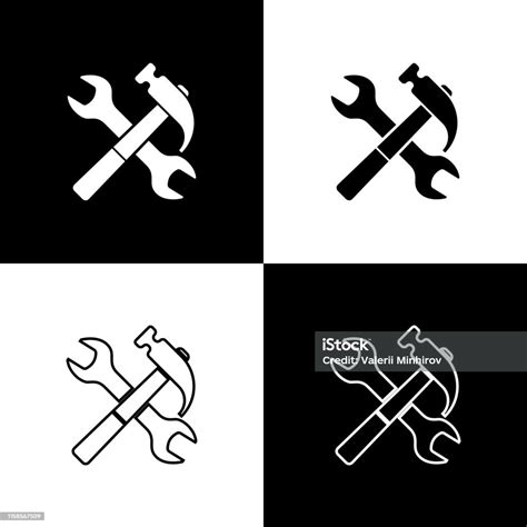검은 색과 흰색 배경에 격리 교차 망치와 렌치 아이콘을 설정합니다 하드웨어 도구 벡터 일러스트레이션 건설 산업에 대한 스톡 벡터