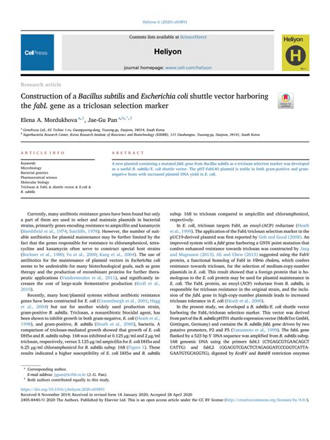 Pdf Construction Of A Bacillus Subtilis And Escherichia Coli Shuttle