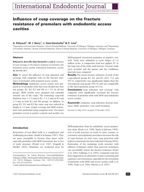 Influence Of Cusp Coverage On The Fracture Pdf Dentistry Branches