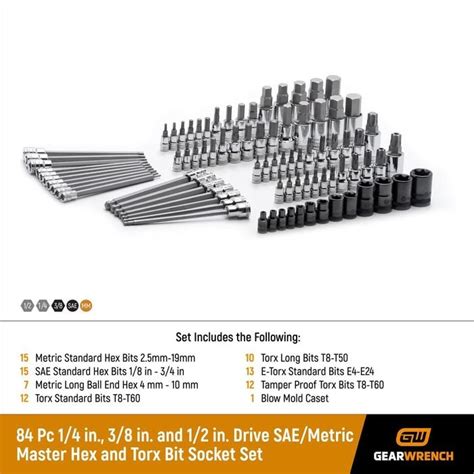 Gearwrench 84 Piece 1 4 3 8 And 1 2 Drive Hex Ball End Hex Tamper