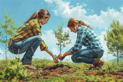 Premium Photo Digital Art Of Women Planting Tree In Sunny Meadow For Earth Day
