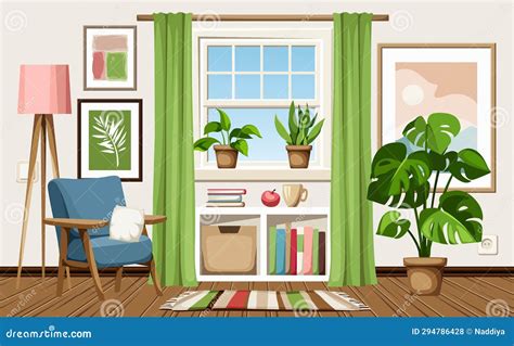 Living Room Interior Design With An Armchair Shelving Houseplants