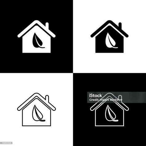 흑백 배경에 격리 된 환경 친화적 인 집 아이콘 고립 된 아이콘을 설정합니다 잎이있는 에코 하우스 벡터 일러스트레이션 0명에