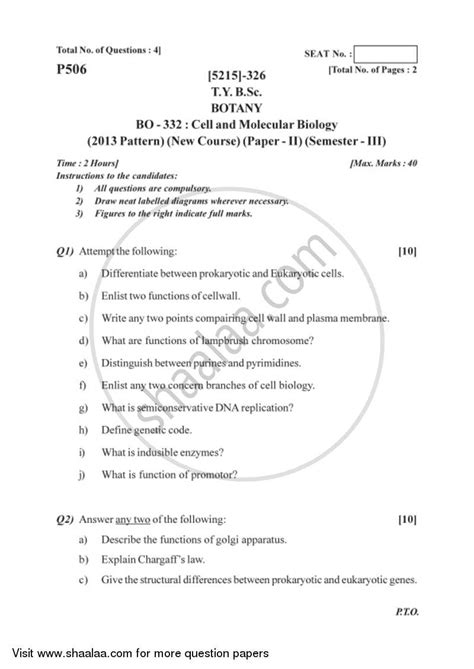 Cell And Molecular Biology 2017 2018 B Sc Botany Semester 5 Tybsc 2013 Pattern Question Paper