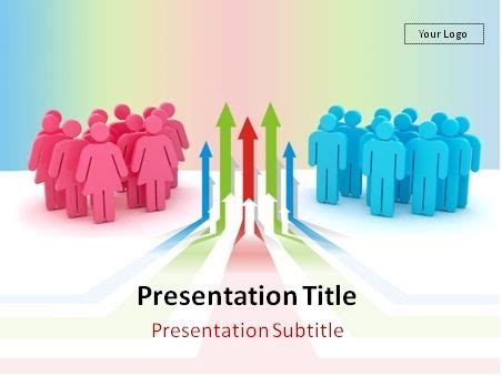 Two Groups Of Men And Women With Colorful Arrows PowerPoint Template Preview Logo Presentation