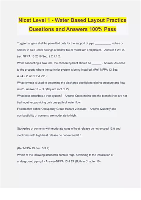 nicet level 1 water based layout practice questions and answers 100