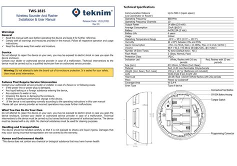 Teknim Tws 1815 Installation And User Manual Pdf Download Manualslib