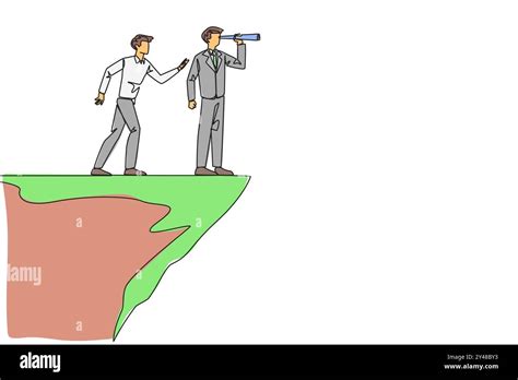 Continuous One Line Drawing Businessman Monitoring Something At The Edge Of Cliff Using