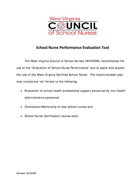 Fillable Online School Nurse Performance Evaluation Tool West Virginia Fax Email Print