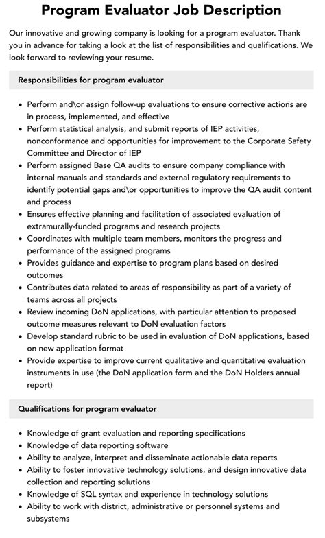 Program Evaluator Job Description Velvet Jobs