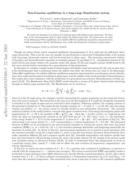 Pdf Non Gaussian Equilibrium In A Long Range Hamiltonian System