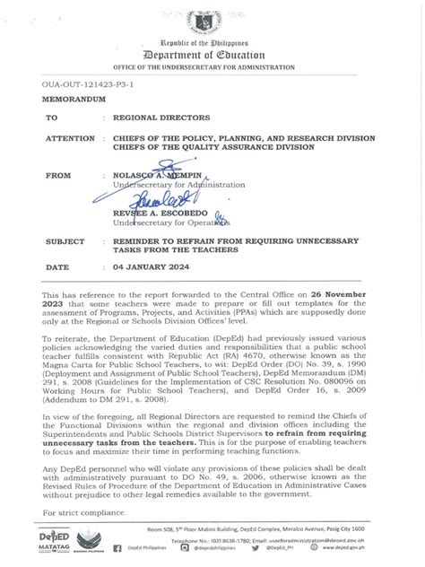 Oua Ouops Memo Reminder To Refrain From Requiring Unnecessary Tasks From The Teachers Pdf