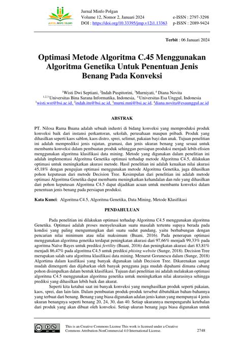 Pdf Optimasi Metode Algoritma C45 Menggunakan Algoritma Genetika Untuk Penentuan Jenis Benang