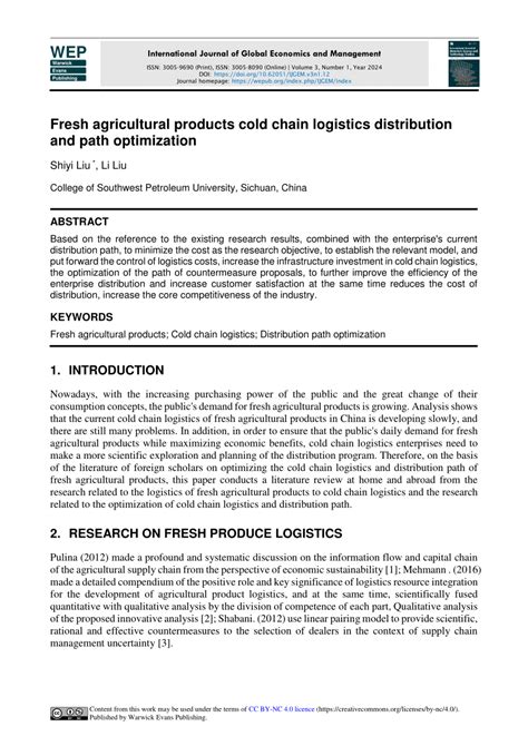 Pdf Fresh Agricultural Products Cold Chain Logistics Distribution And Path Optimization