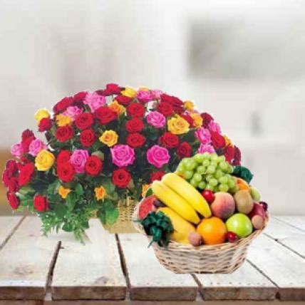 Mixed Roses With Fruits Basket Online At Best Price Indiat