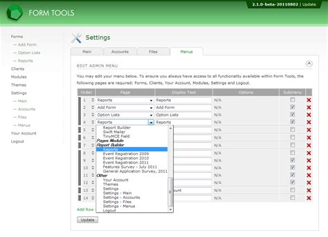 Report Builder Menus