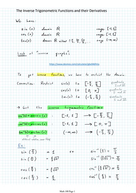 SOLUTION The Inverse Trigonometric Functions And Their Derivatives Studypool