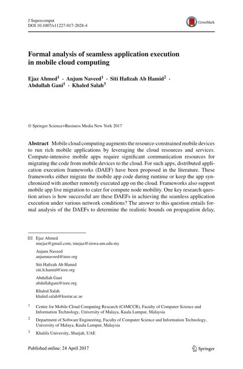 Pdf Formal Analysis Of Seamless Application Execution In Mobile Cloud