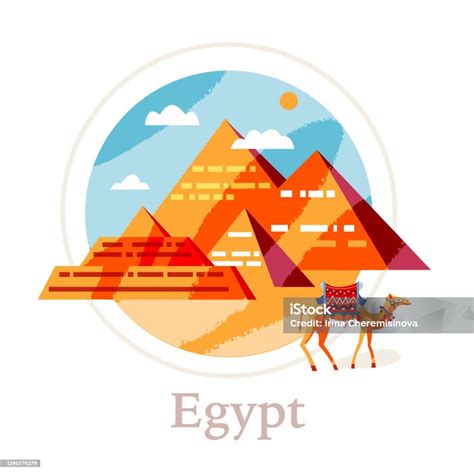 피라미드와 낙타 배경 이집트 풍경 이집트 문화 기호 벡터 일러스트레이션 역사적인 유적 아프리카의 고고학적 신화적 랜드마크 관광 야외 배너 이집트에 대한 스톡 벡터 아트 및