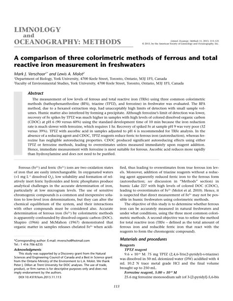 Pdf A Comparison Of Three Colorimetric Methods Of Ferrous And Total Reactive Iron Measurement