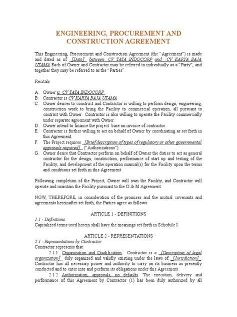 Epc Template Contract General Contractor Quality Assurance