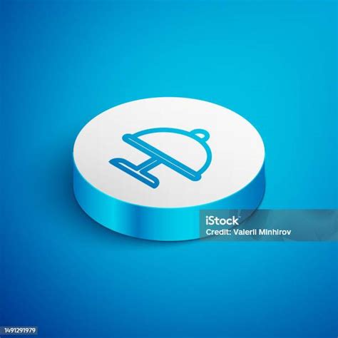 파란색 배경에 격리 된 음식 아이콘 트레이로 덮여 등색 라인 트레이와 뚜껑 뚜껑이 있는 레스토랑 클로쉬 주방용품 기호 흰색 원 버튼입니다 벡터 3차원 형태에 대한 스톡 벡터