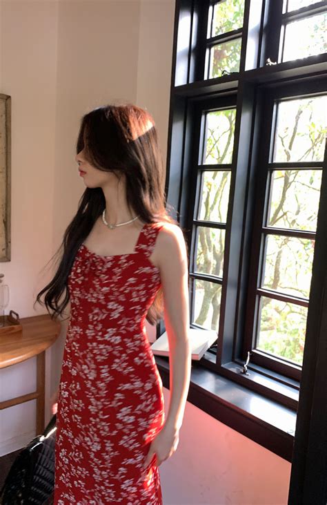 블롱뮤 레드 플라워 스퀘어 원피스 스퀘어 넥 슬리브리스 나시 민 소매 하이 웨스트 허리 강조 몸매 보정 A 라인 슬립 슬림 롱 플레어 스커트 치마 드레스 셔링 리본