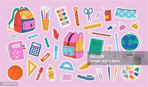학용품 및 교육 스티커 세트 학교로 돌아 가기 배낭 책 지구본 물감 자 펜 연필 계산기 브러시 접착제 인쇄물 카드 종이 공예 스크랩북에 적합합니다 학생에 대한 스톡 벡터