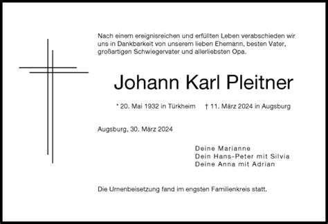 Traueranzeigen Von Johann Karl Pleitner Augsburger Allgemeine Zeitung