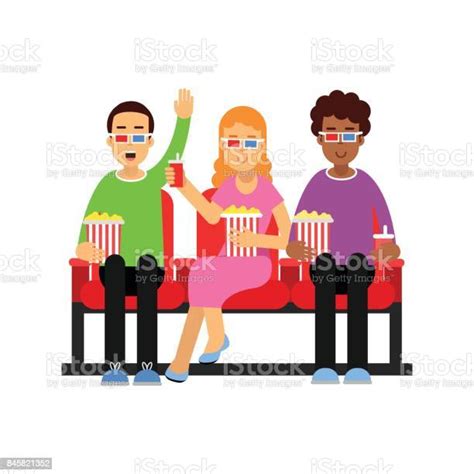 행복 친구 팝콘와 함께 영화관에 앉아서 보고 3d 영화 벡터 일러스트 레이 션 귀여운에 대한 스톡 벡터 아트 및 기타 이미지 귀여운 남자 다중 색상 Istock