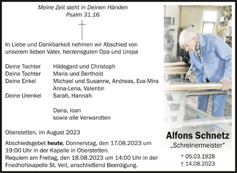 Traueranzeigen Von Alfons Schnetz Schwaebische De Trauerportal