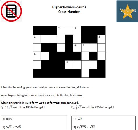 Higher Powers Surds Cross Number Teaching Resources