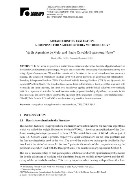 Pdf Metaheuristics Evaluation A Proposal For A Multicriteria Methodology
