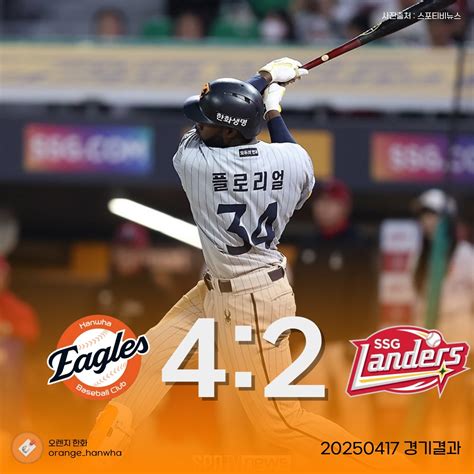 오렌지한화 🍊 한화이글스 팬계정 오늘이글스점수 20250417 Ssg전은 42 승리로 끝났습니다 🍊최인호 플로