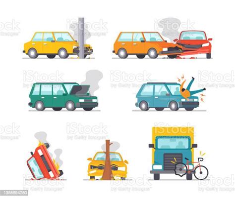 도로에 자동차 사고를 설정 깨진 자동차는 오픈 후드와 증기와 길가에 서 기둥에 자동차 범프 차에 대한 스톡 벡터 아트 및 기타 이미지 Istock