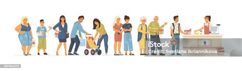 대기열 슈퍼마켓에서 기다리는 그룹 사람들 음식점 노인 부부와 남자는 계산원에 큐에 계산대 고객 서비스 만화에서 상품을 펀치 계산원 줄서서 기다림에 대한 스톡 벡터 아트 및