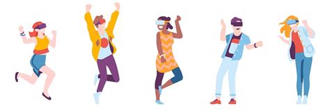 가상 현실에서 즐거운 시간을 보내는 남성과 여성 캐릭터 Vr 안경을 쓴 사람들 게임 시뮬레이션 현대 기술 인터랙티브 재생 웃고 점프 남자와 여자 벡터 세트 Brand