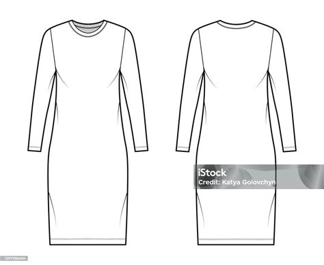 크루 넥 긴 소매 무릎 길이 오버사이즈 펜슬 충만이 있는 T 셔츠 드레스 테크니컬 패션 일러스트 플랫 0명에 대한 스톡 벡터 아트 및 기타 이미지 Istock