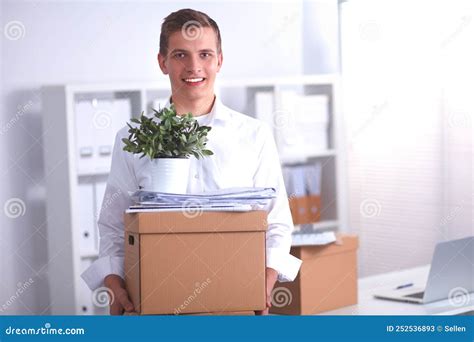 Portrait Of A Person With Moving Box And Other Stuff Isolated On White Stock Image Image Of