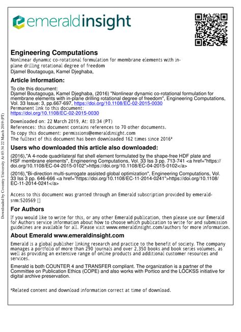 PDF Nonlinear Dynamic Co Rotational Formulation For Membrane Elements With In Plane Drilling