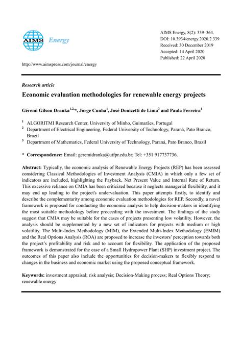 Pdf Economic Evaluation Methodologies For Renewable Energy Projects