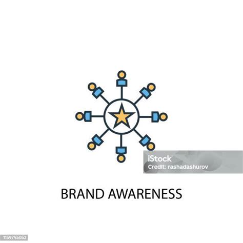 브랜드 인지도 개념 2 컬러 라인 아이콘입니다 간단한 노란색과 파란색 요소 그림입니다 브랜드 인지도 개념 개요 기호 디자인 개념에 대한 스톡 벡터 아트 및 기타 이미지
