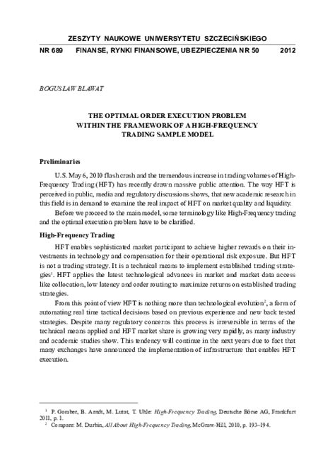 Pdf The Optimal Order Execution Problem Within The Framework Of A High Frequency Trading