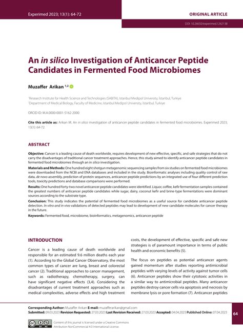 Pdf An In Silico Investigation Of Anticancer Peptide Candidates In Fermented Food Microbiomes