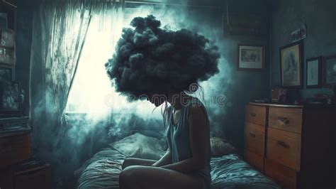Surreal Depiction Of Woman With Dark Cloud Over Head In Dimly Lit