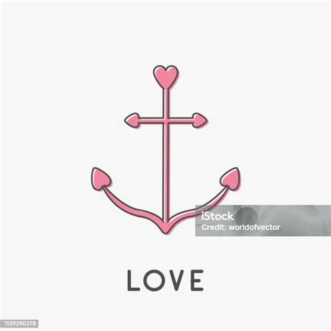 하트 모양의 모양에 얇은 선 아이콘을 고정 합니다 해상 표지판 기호입니다 선박 앵커 핑크 색상입니다 사랑 Greeteng 카드 고립 된 흰색 배경입니다 평면 디자인 귀여운에