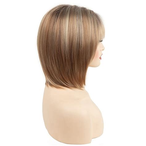 Blonde Highlight Short Pixie Bob Wig With Bangs Straight Ombre Blonde Synthetic Wig With Dark