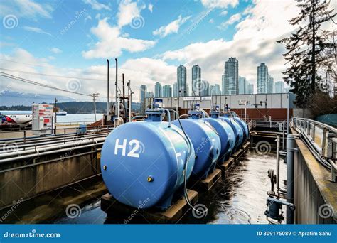 An Industrial Hydrogen Storage Facility Is Seen With City Buildings Stock Illustration
