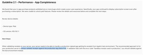App Review Rejection Always Validate Receipts Against The Production App Store First