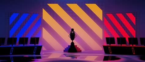 미래형 사이버펑크 도시 E스포츠 챔피언 컵의 3d 그림 렌더링 받침대 배경 게이머 배너 네온 글로우 스탠드 연단 표시 프리미엄 사진